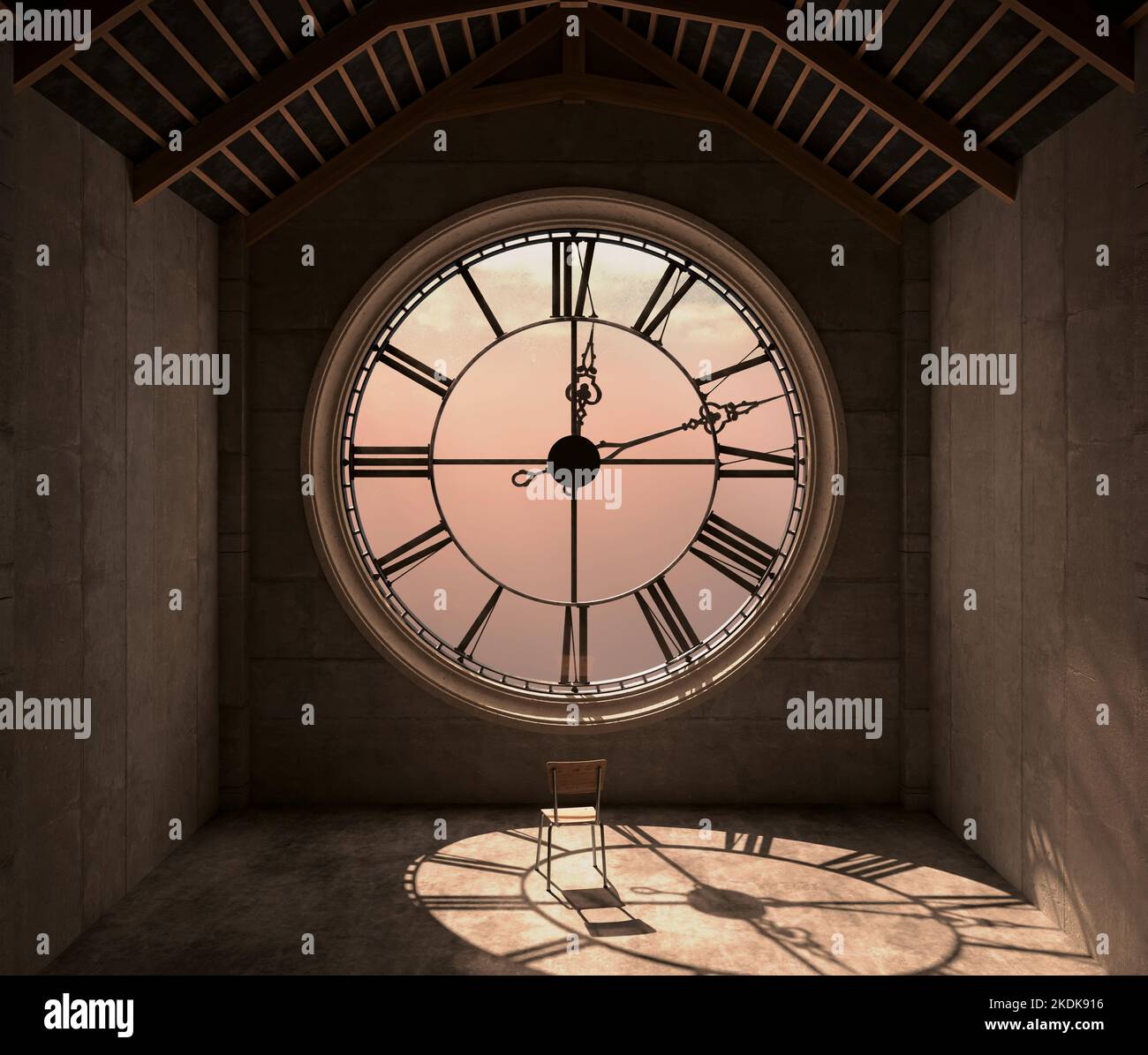 The attic room behind an antique tower clock brightly illuminated by ...