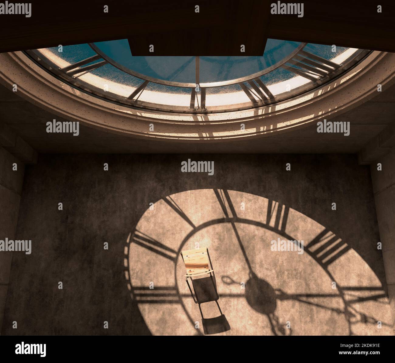 The attic room behind an antique tower clock brightly illuminated by ...