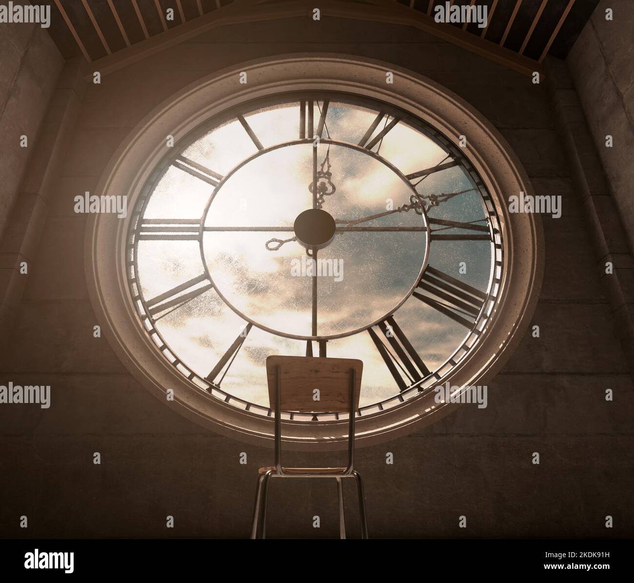 The attic room behind an antique tower clock brightly illuminated by ...