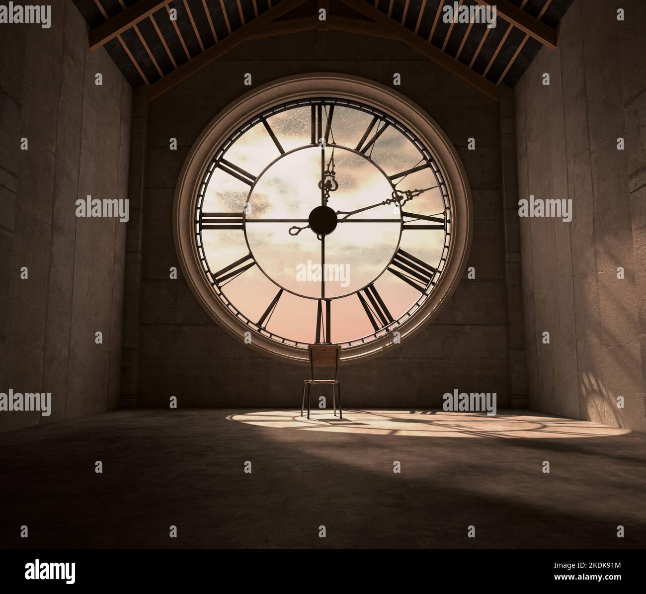The attic room behind an antique tower clock brightly illuminated by ...