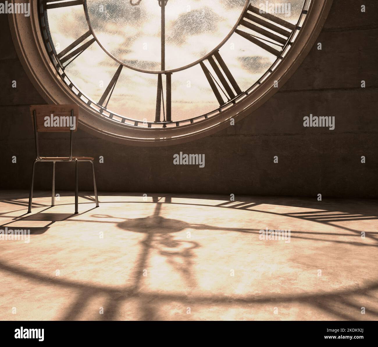 The attic room behind an antique tower clock brightly illuminated by ...