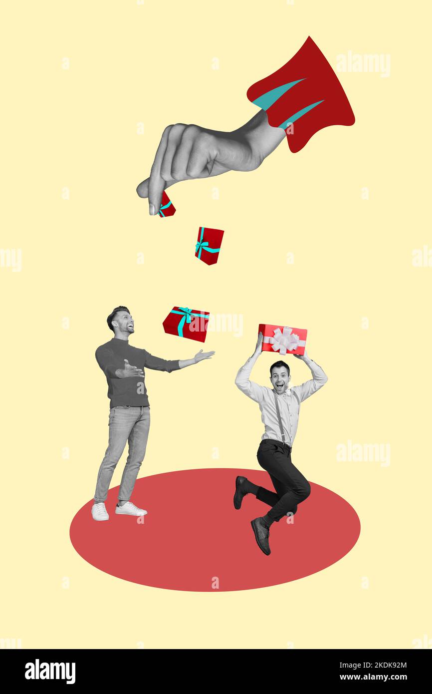 Creative photo 3d collage artwork banner of two positive guy get new ...