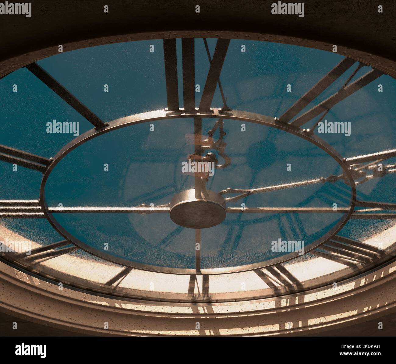 The attic room behind an antique tower clock brightly illuminated by ...