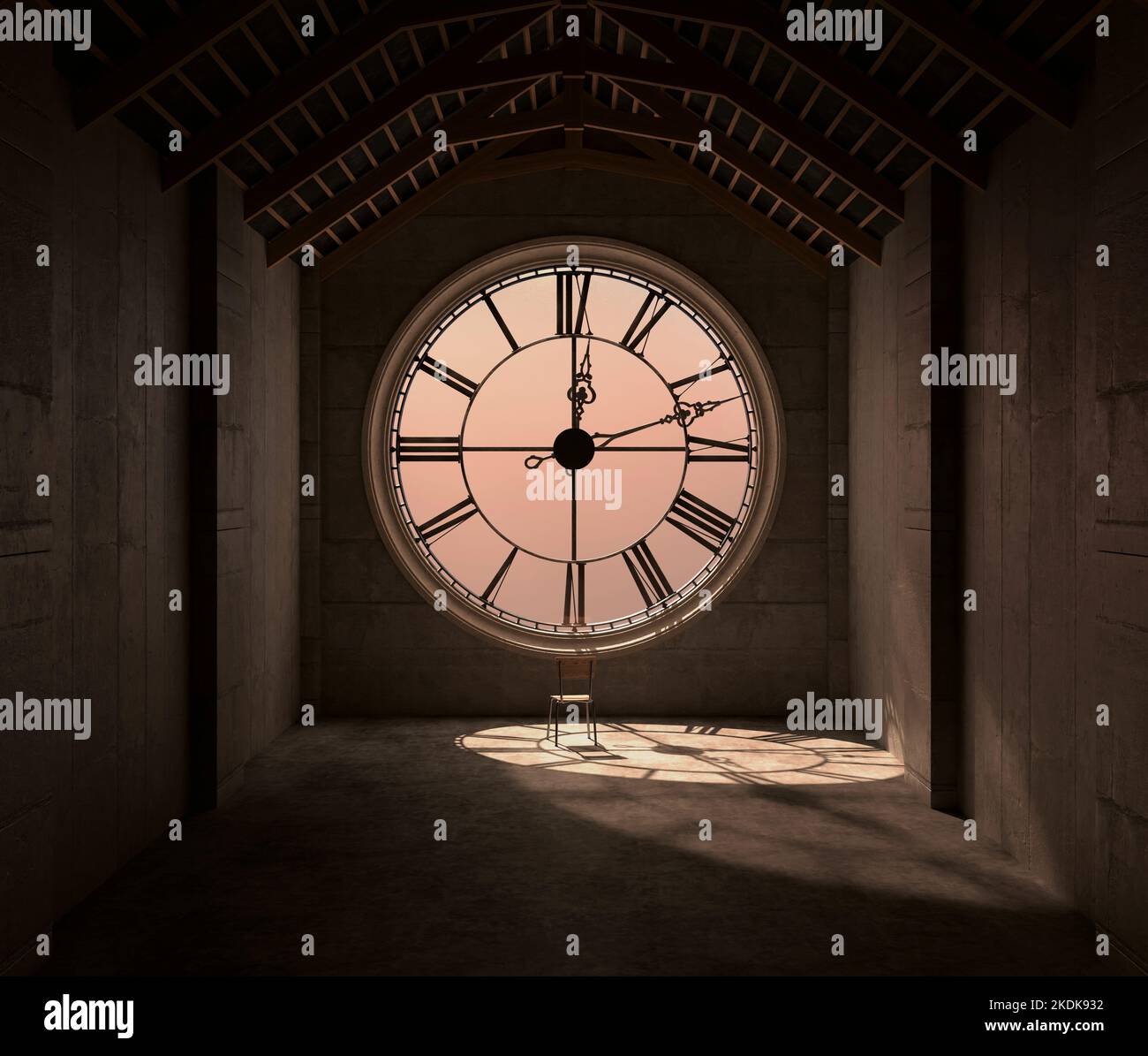 The attic room behind an antique tower clock brightly illuminated by ...