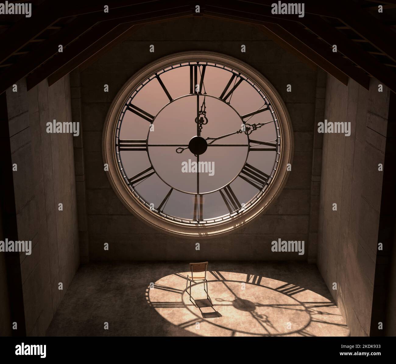 The attic room behind an antique tower clock brightly illuminated by ...