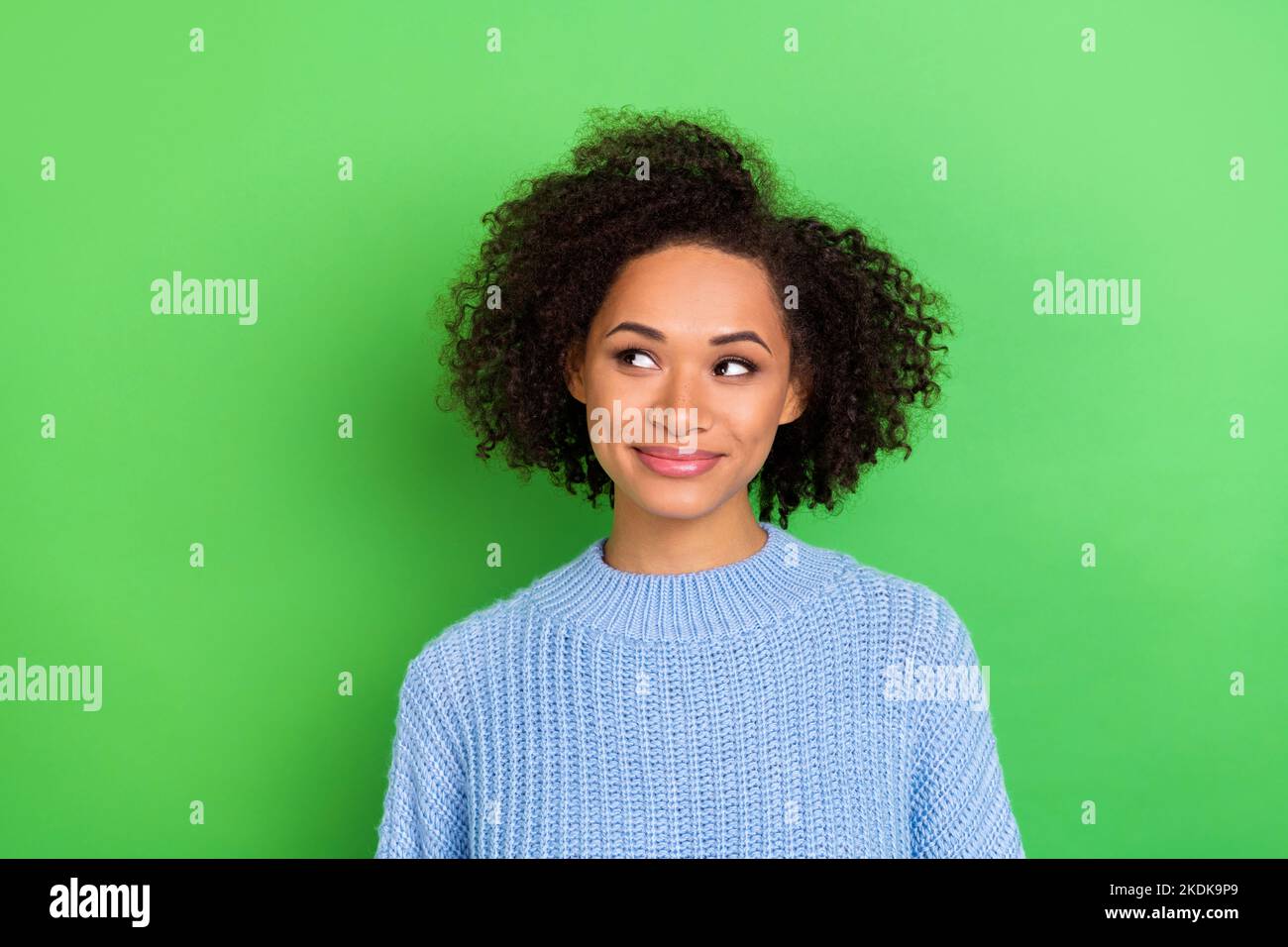 Photo of beautiful gorgeous girl with curly hairstyle dressed blue ...