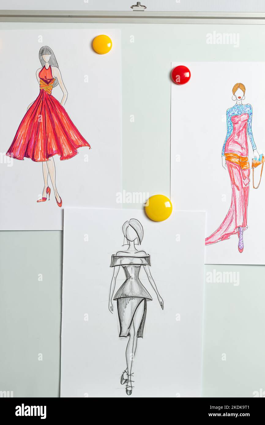 Designer clothing sketched for a tailor. Drawings of women's dresses ...
