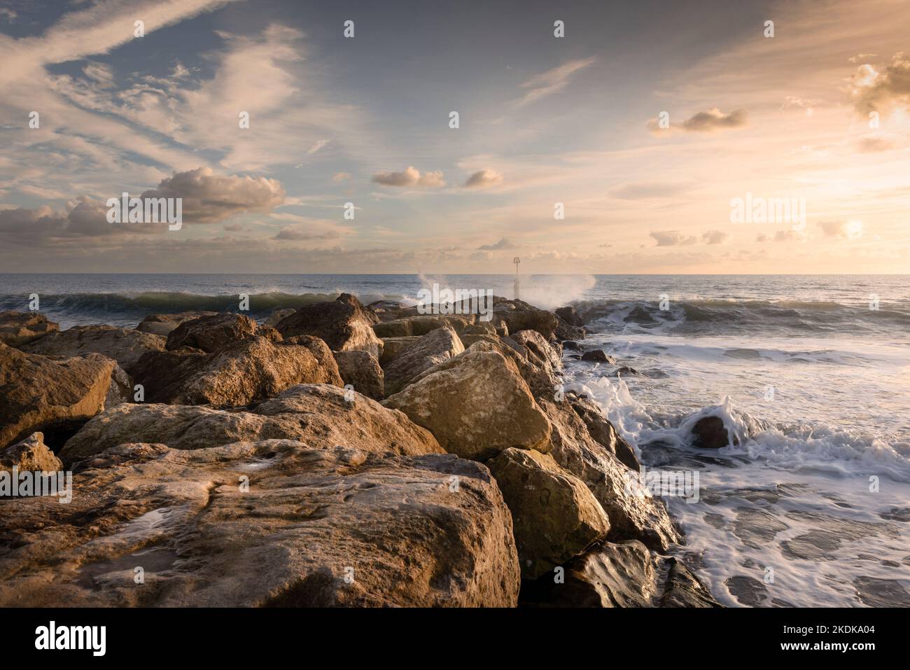 Southbourne Dorset, boulder sea defence with waves, landscape Stock ...