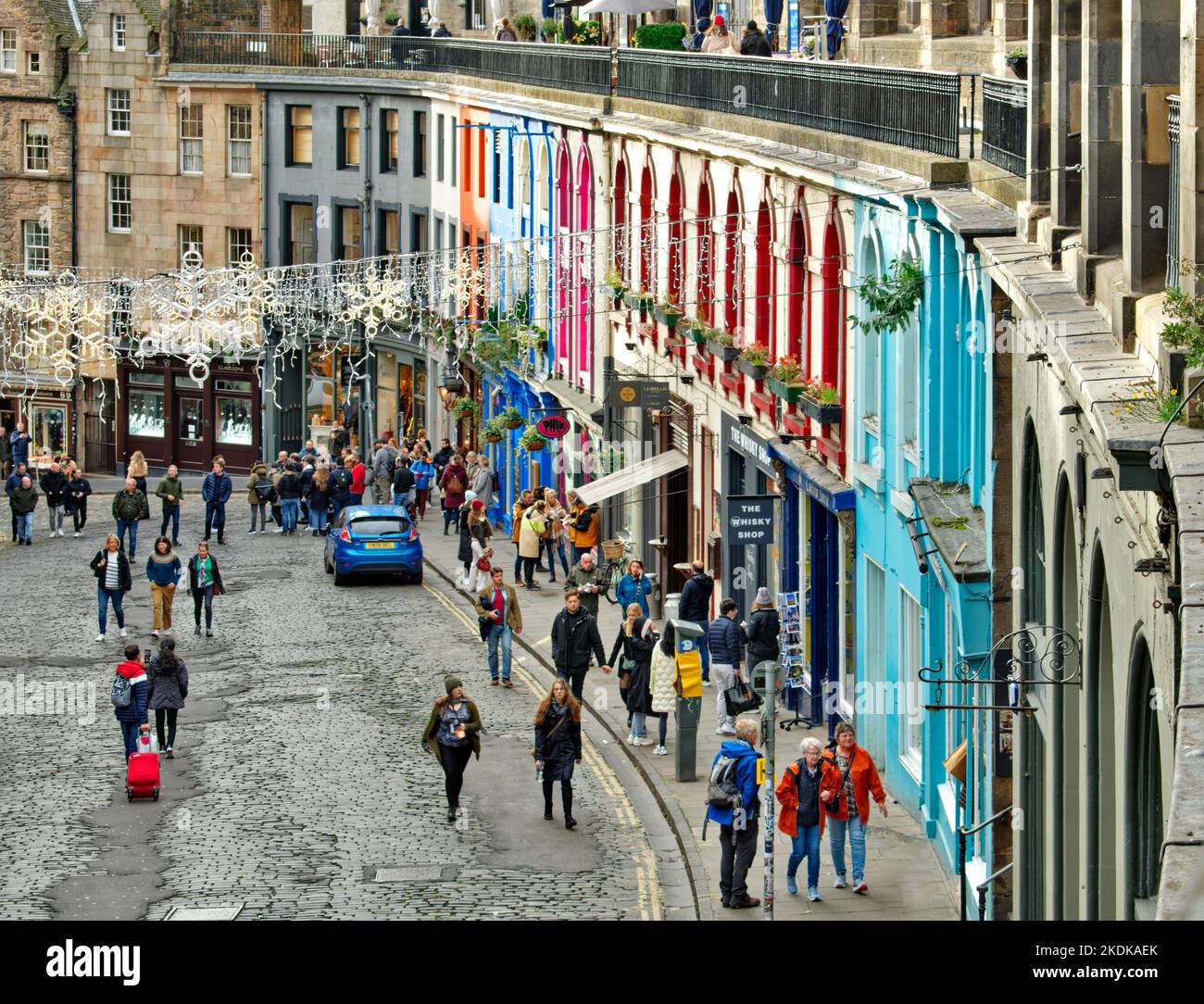 Edinburgh Scotland Victoria Terrace a road with multi coloured shop ...