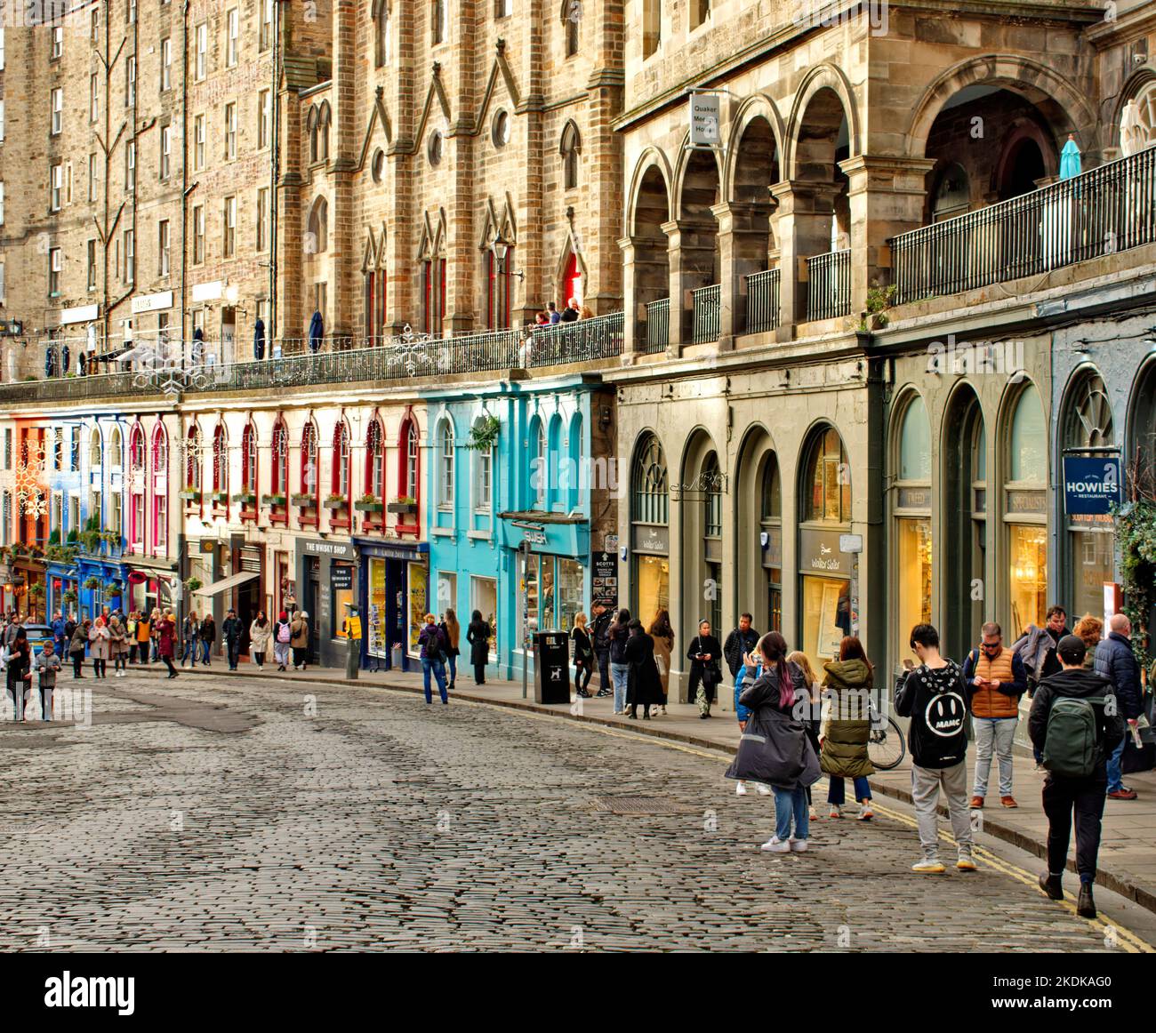 Edinburgh Scotland Victoria Terrace with multi coloured shop fronts and ...