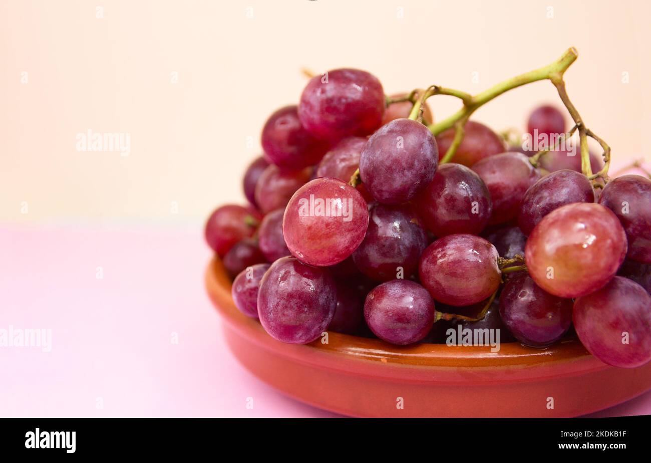 Image of a bunch of purple grapes in a round clay pot on a neutral ...