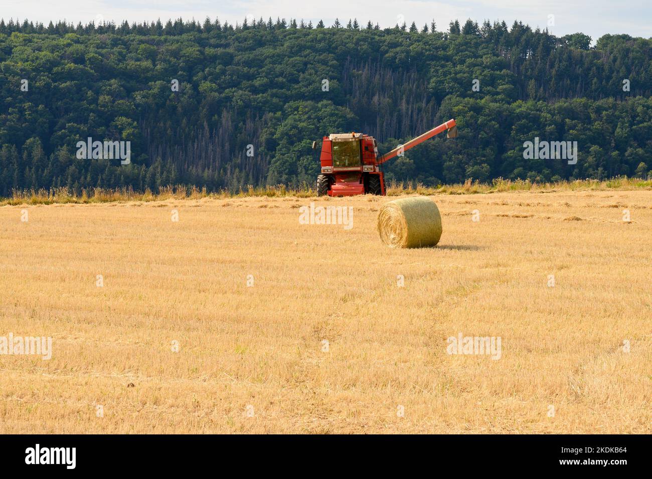 Front view of a combine harvester without header in a golden field with ...