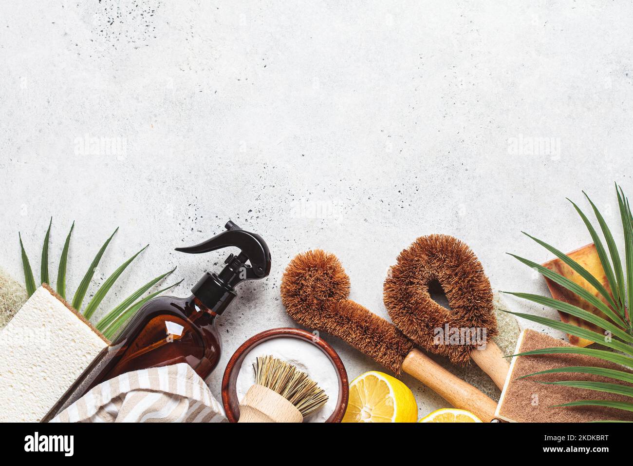 Flat lay of eco friendly products and tools for house cleaning. Wooden ...