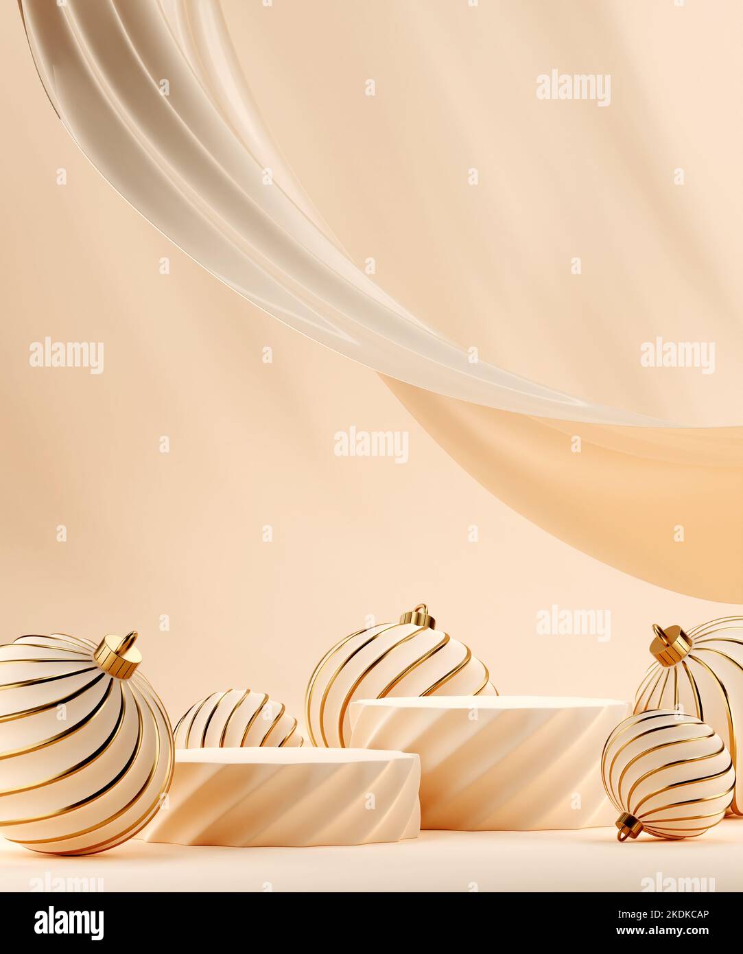 3D abstract Christmas light background with beige Christmas ornaments ...