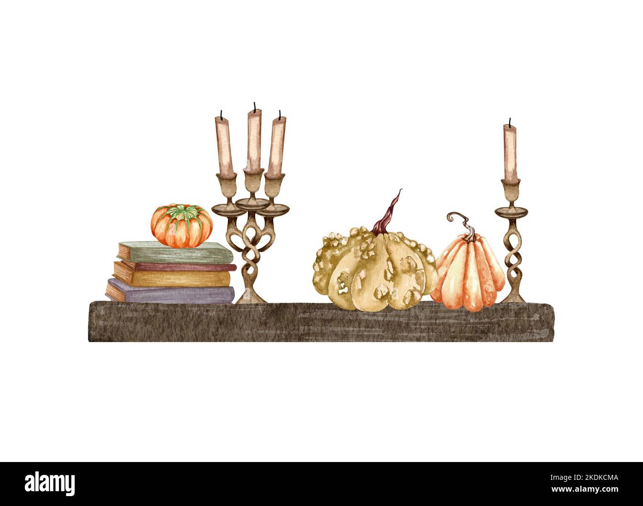 Watercolor fireplace with pumpkin decor. Fall pumpkin and flowers ...