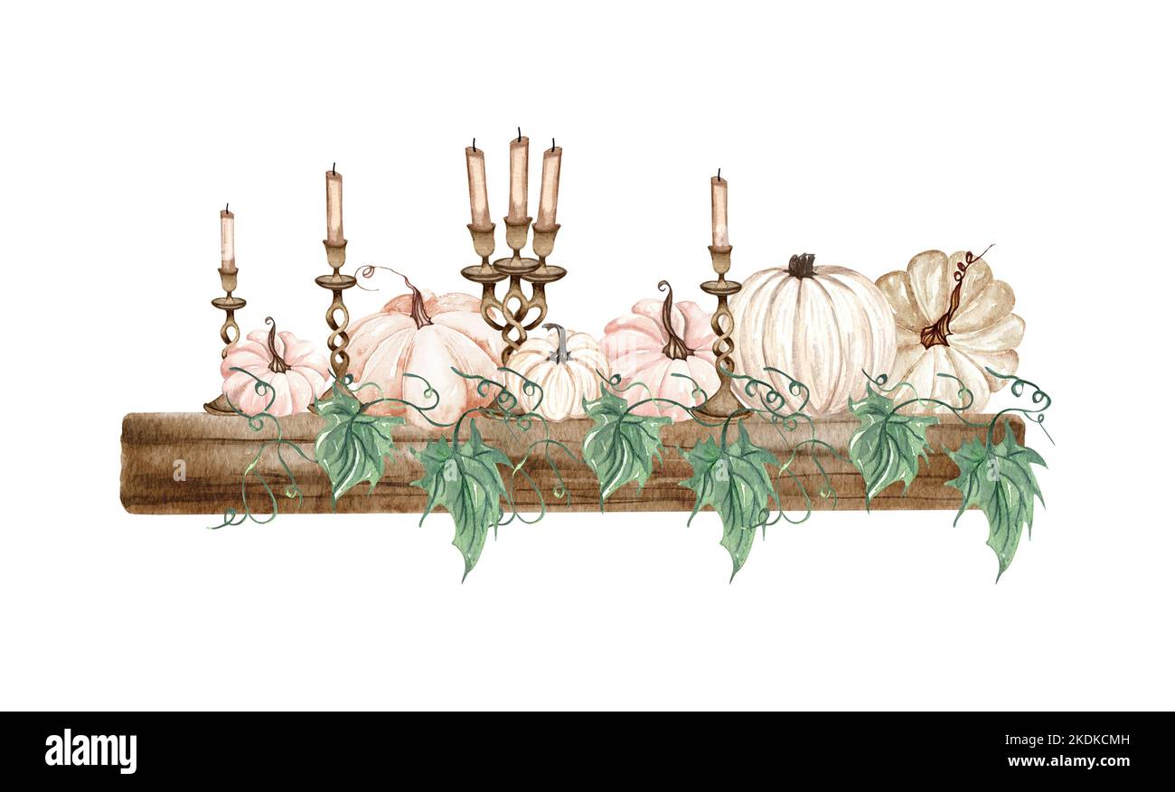 Watercolor fireplace with pumpkin decor. Fall pumpkin and flowers ...