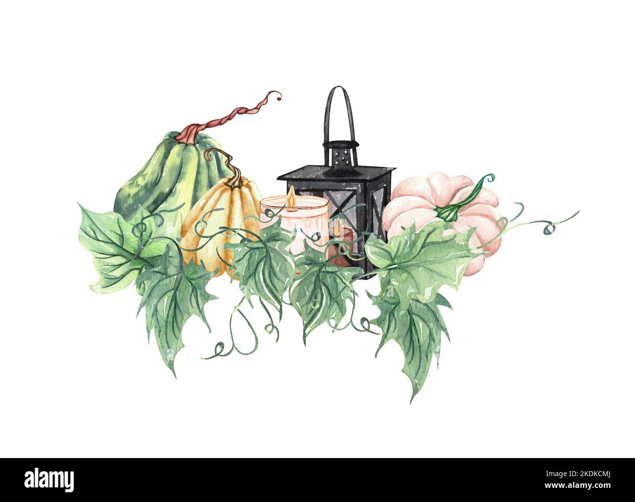 Watercolor fireplace with pumpkin decor. Fall pumpkin and flowers ...