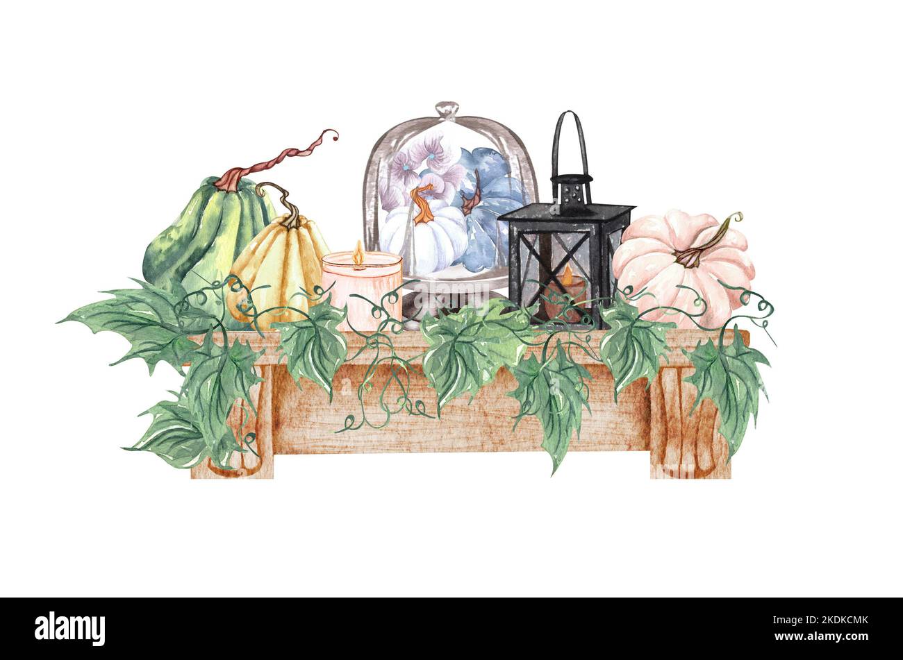 Watercolor fireplace with pumpkin decor. Fall pumpkin and flowers ...