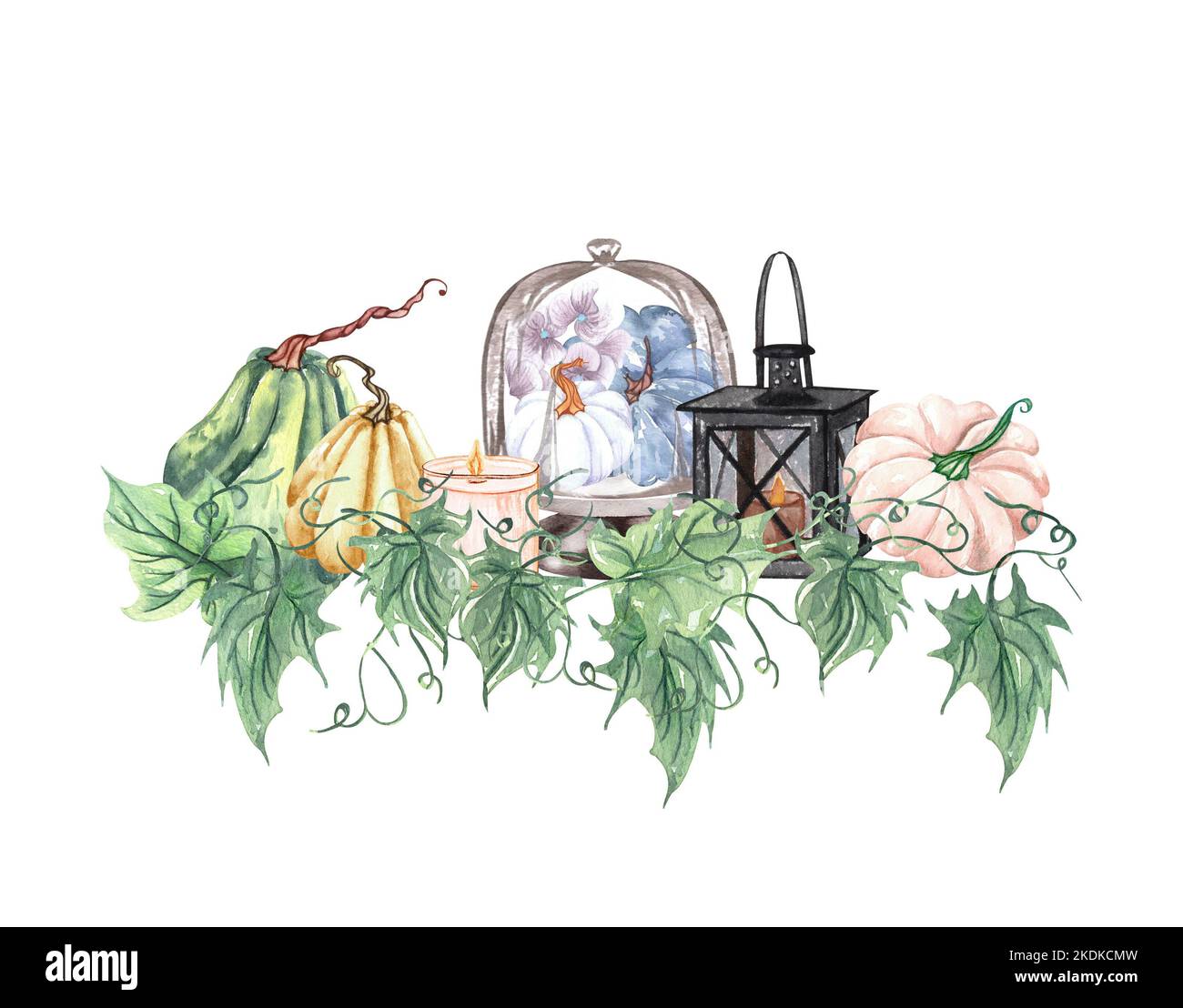 Watercolor fireplace with pumpkin decor. Harvest pumpkin and flowers ...