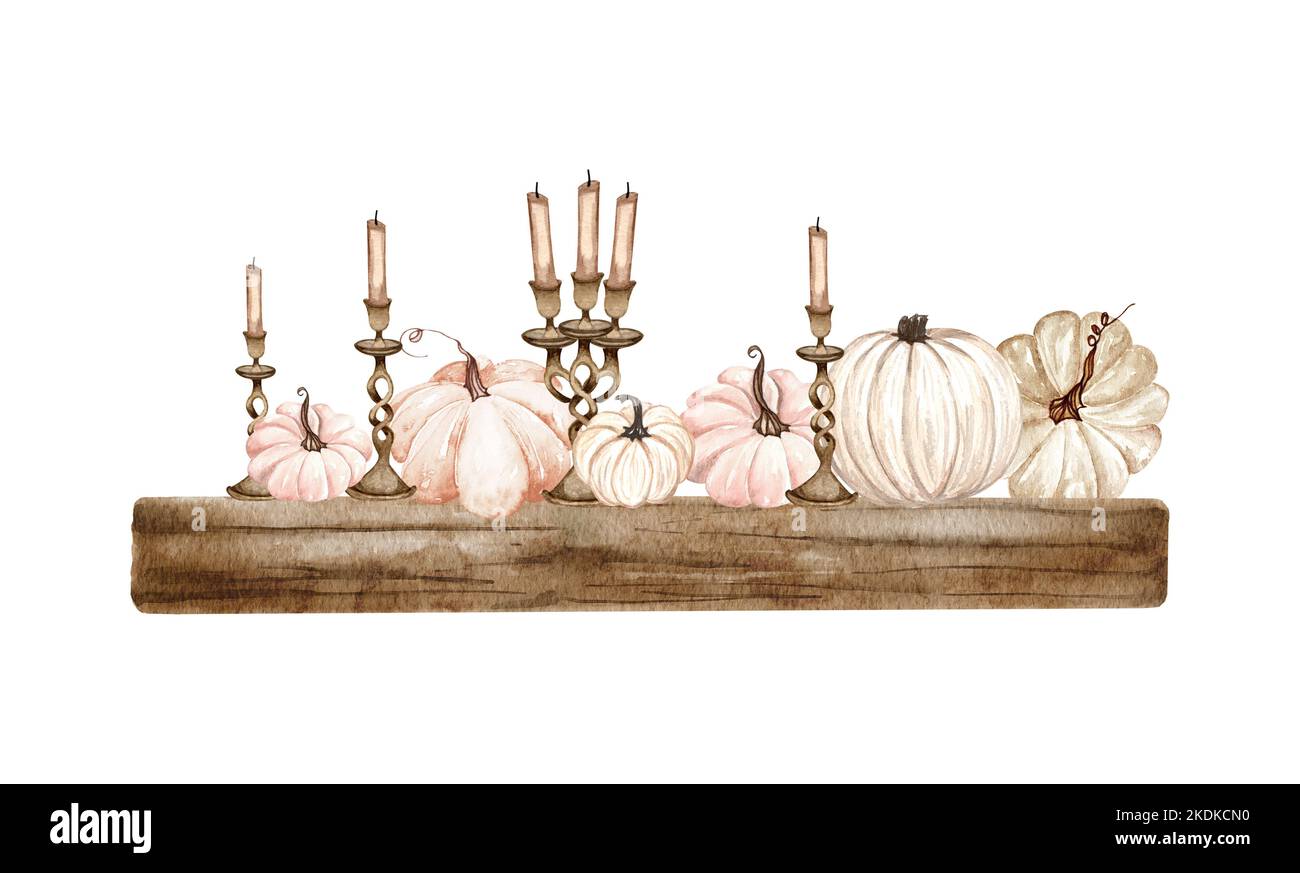 Watercolor fireplace with pumpkin decor. Fall pumpkin and flowers ...