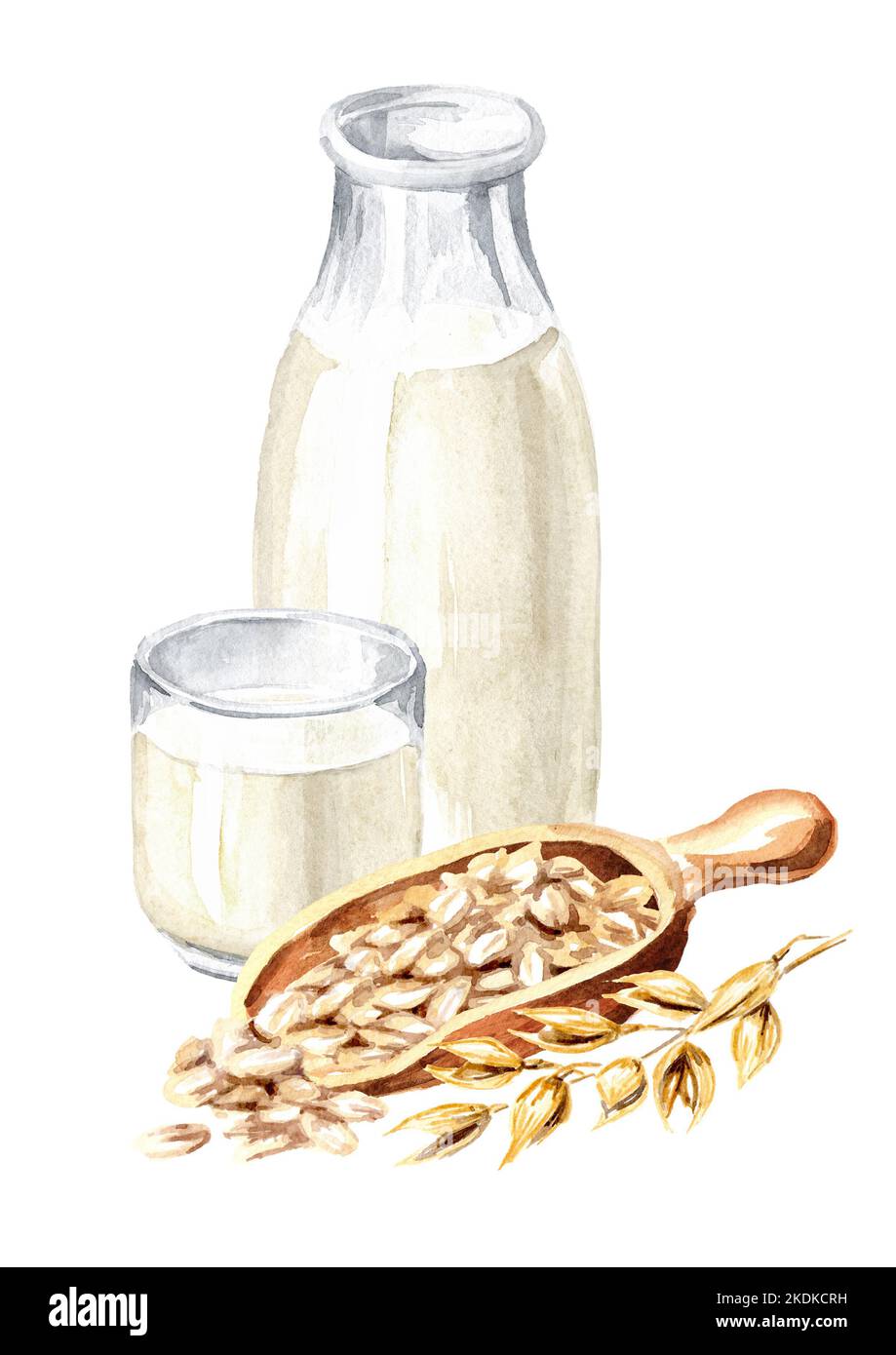 Bottle and glass of Oat milk. Hand drawn watercolor illustration ...