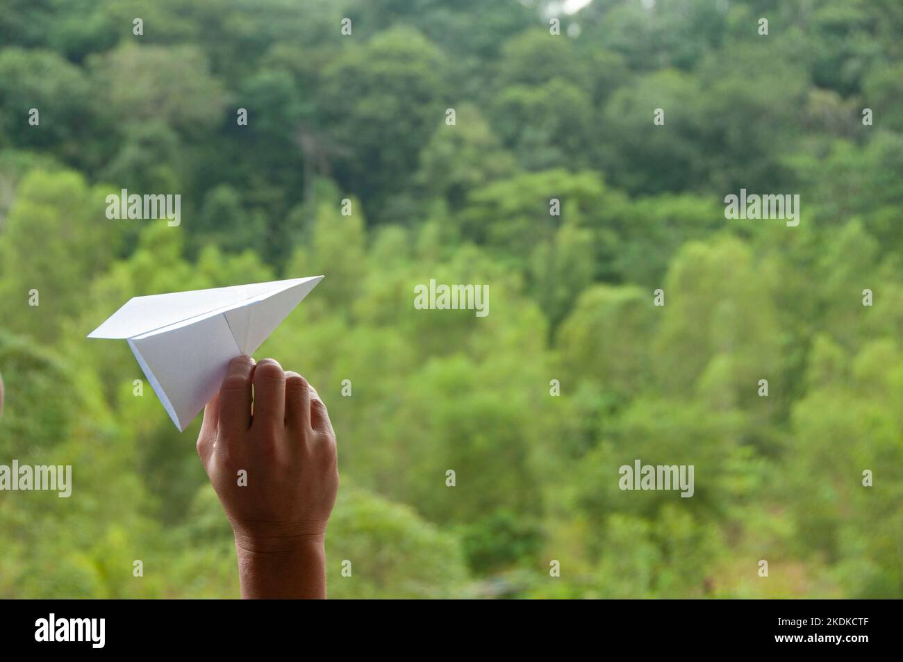 Hand throwing white paper plane with green nature background Stock ...