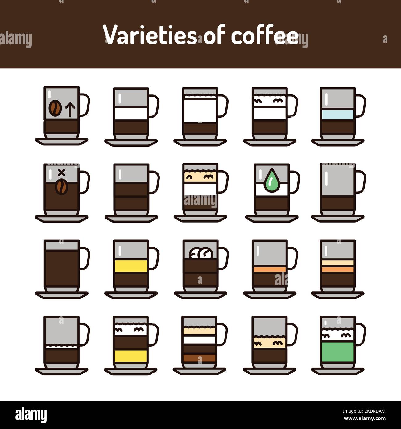 Kids products color line icons set. Varieties of coffee color line ...