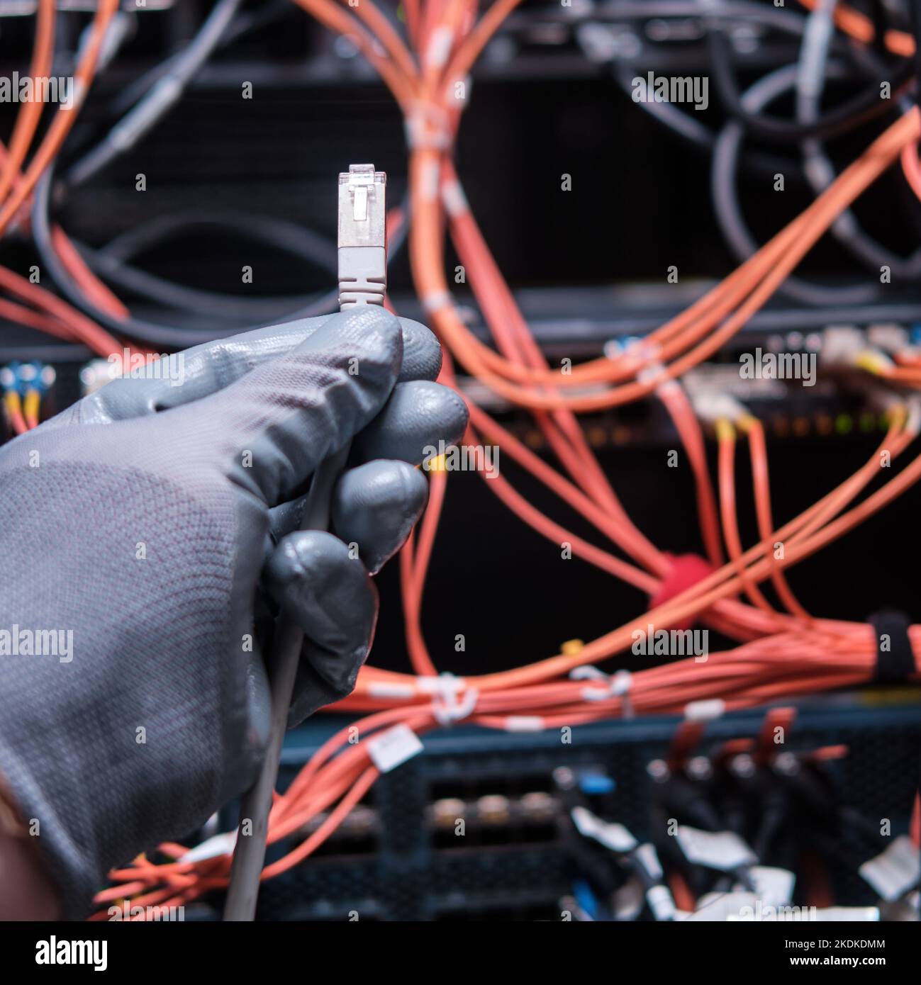Network wires in the hands of a man at the server for data storage ...