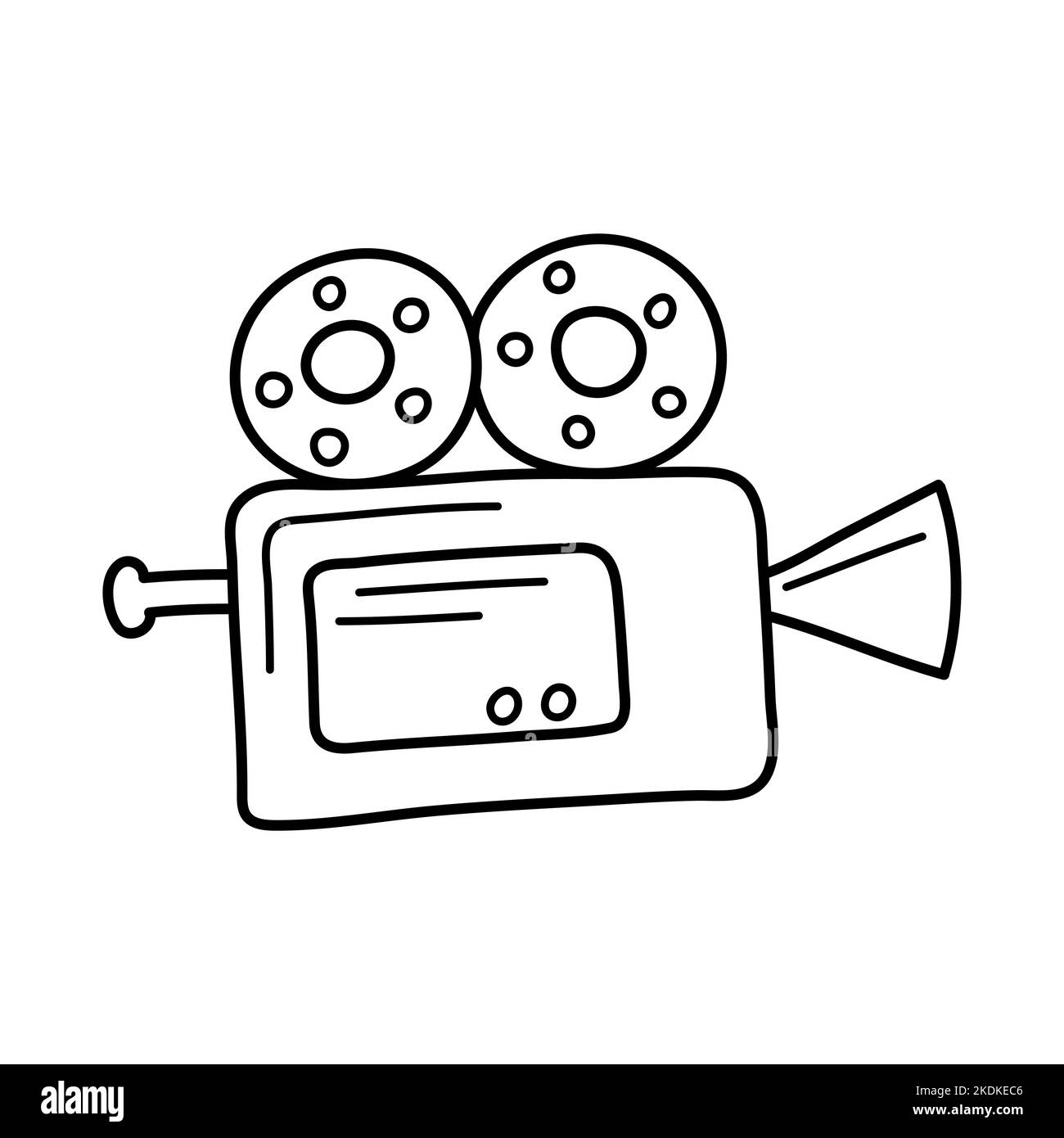 Cinema camera. Retro cinema projector. Vintage film icon. Handdrawn outline. Doodle vector ...