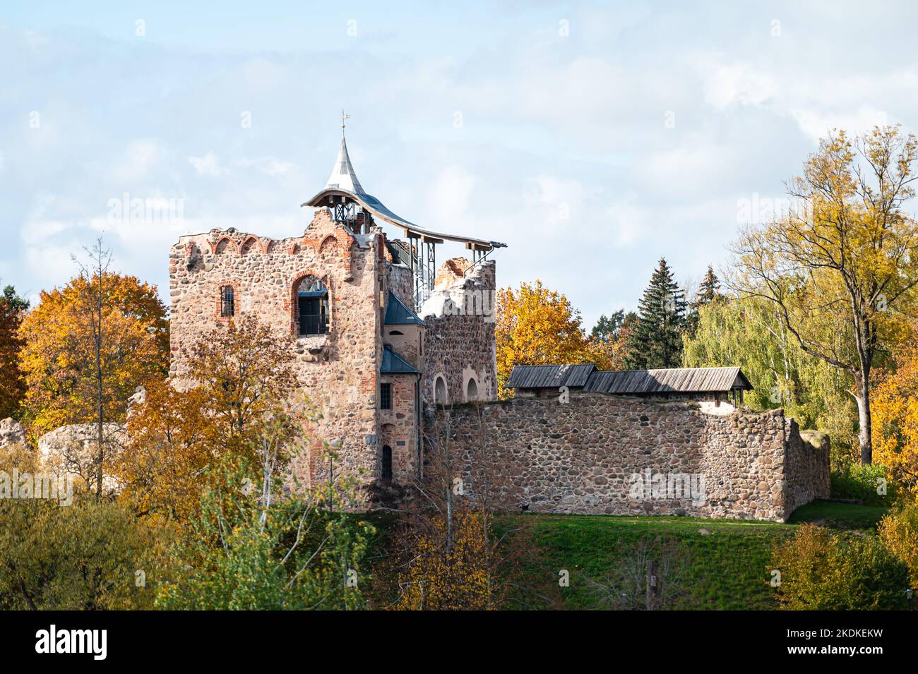 autumn landscape with an ancient medieval castle on a mound, Dobele ...