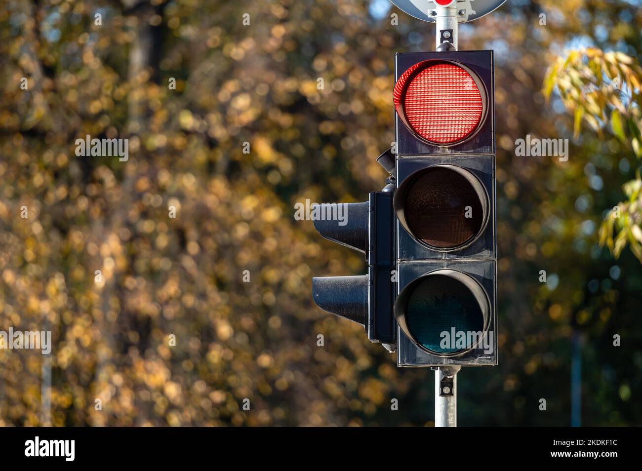 Red traffic light in semaphore close-up. Bright colored autumn background Stock Photo - Alamy
