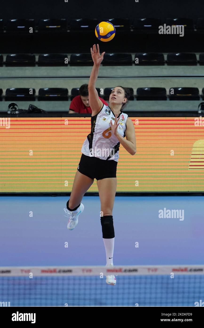 ISTANBUL, TURKEY - APRIL 03, 2022: Kubra Caliskan serves during ...