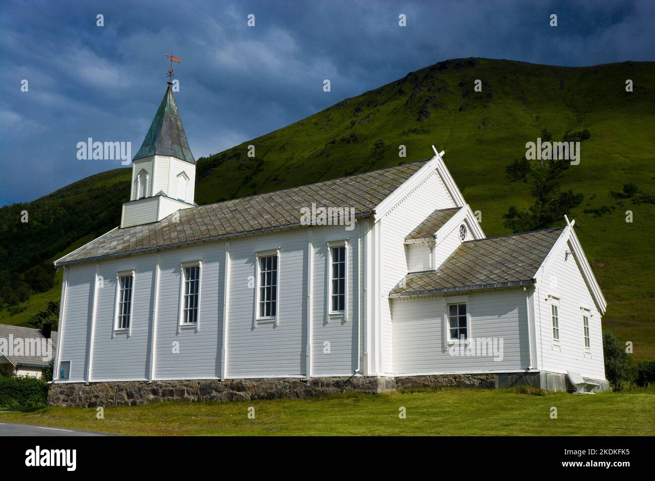 White wooden church built in a long church style in 1885 in Bjornskinn ...
