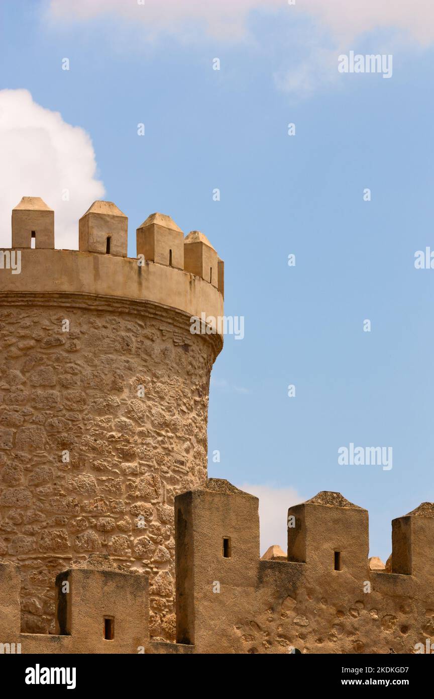 Image of a keep and outer wall of a medieval castle over blue sky and ...