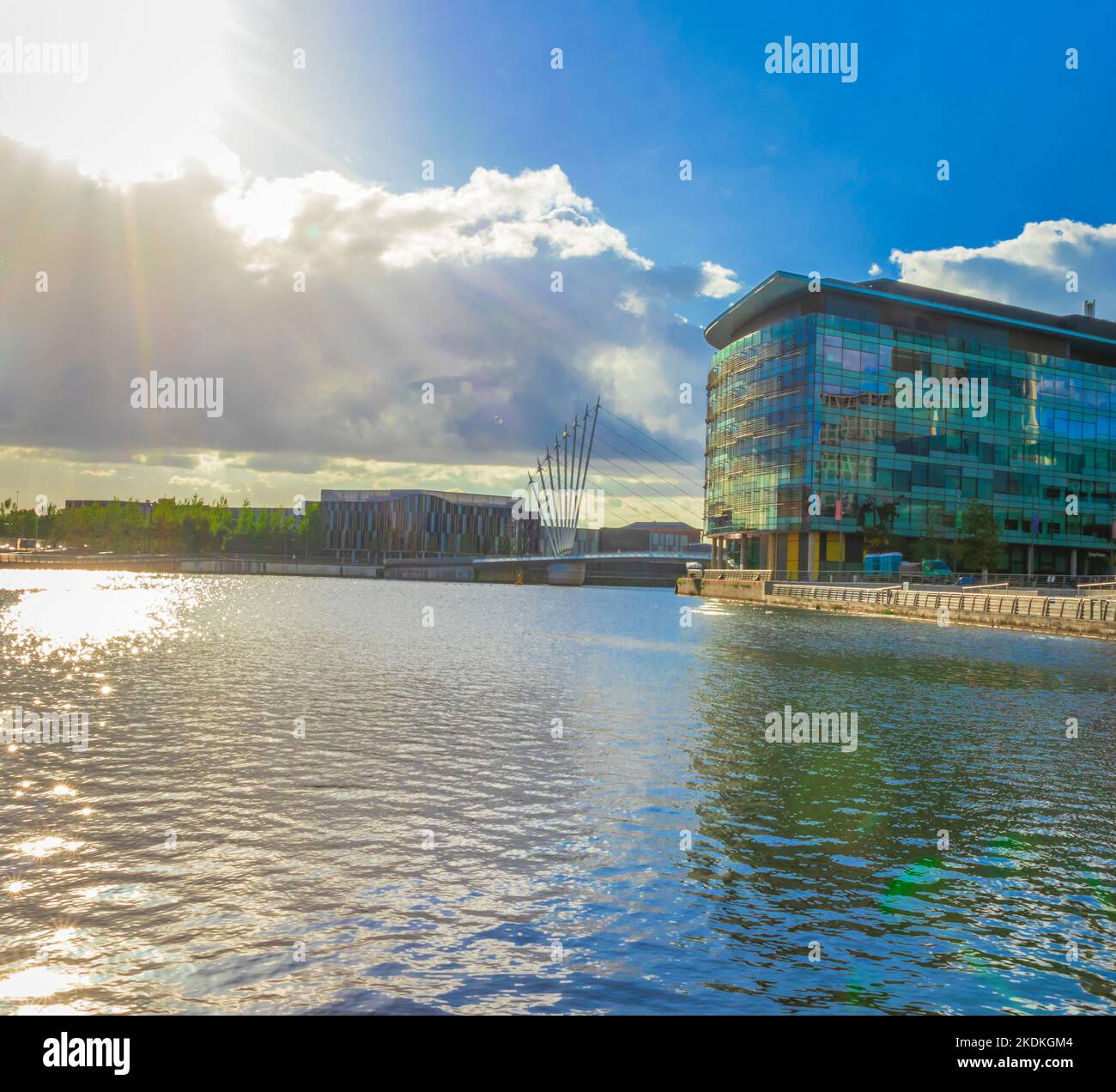 UK, England, Greater Manchester, Salford, Salford Quays during sunset ...
