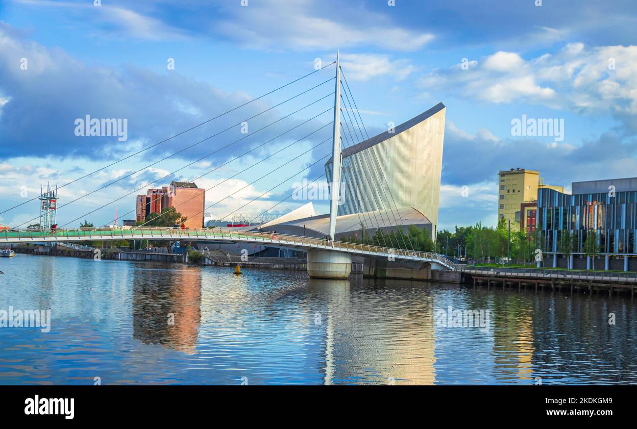 UK, England, Greater Manchester, Salford, Salford Quays during sunset ...
