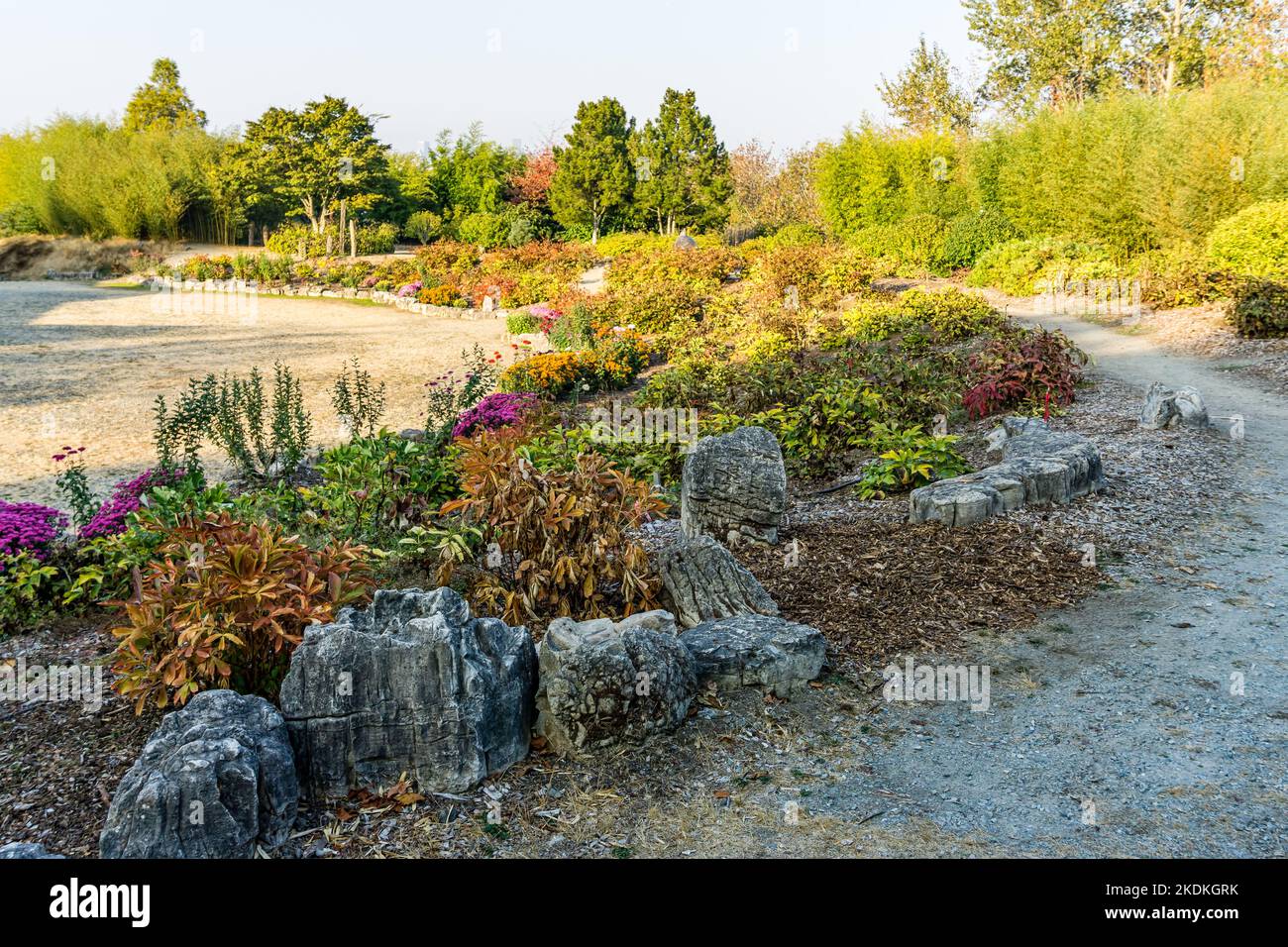 A colorful garden at a Chinese temple in South Seattle, Washingotn ...
