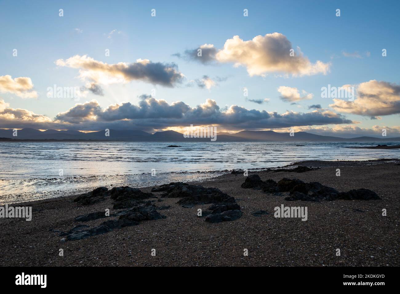 Beautiful dawn on Newborough beach on the south coast of Anglesey ...