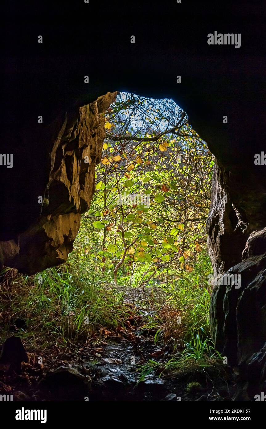 View out from a cave-like entrance to an old abandoned lead mine, in ...