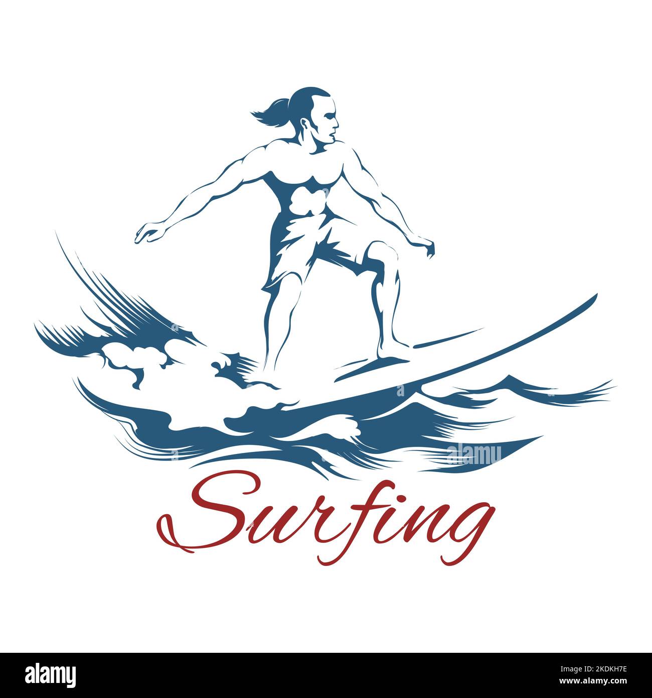 Surfing Emblem with Surfer Riding on a long Board and wording Surfing ...