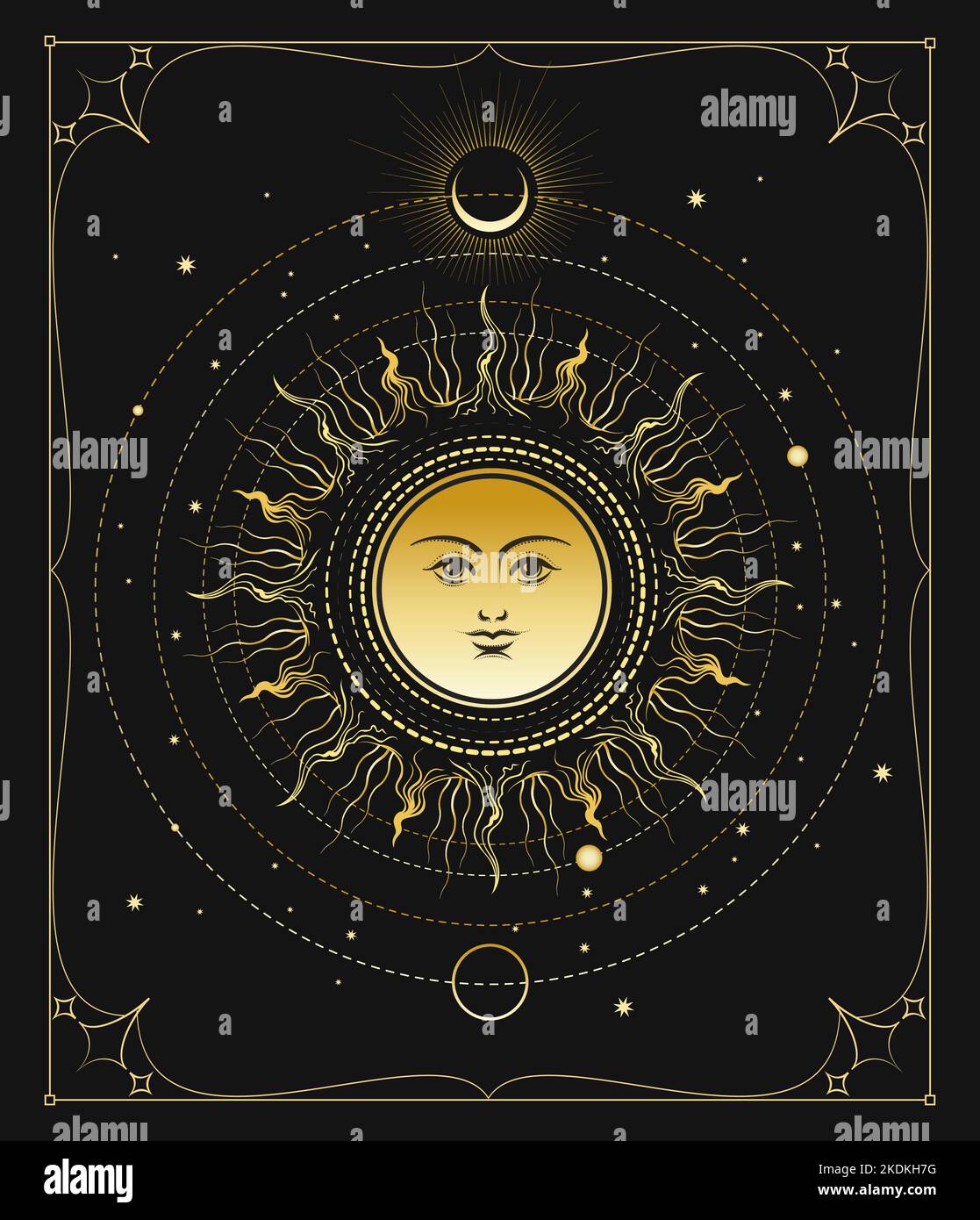 Symbol of Sun with Moon Phases and Stars Astrological Esoteric Emblem ...