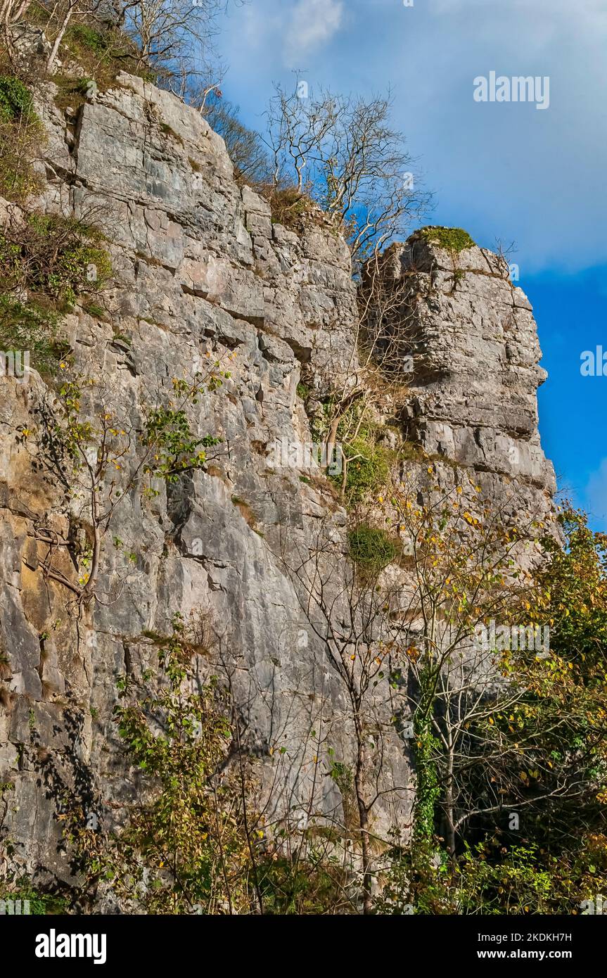 Tall limestone cliffs, partly quarried, with cave entrances and man ...