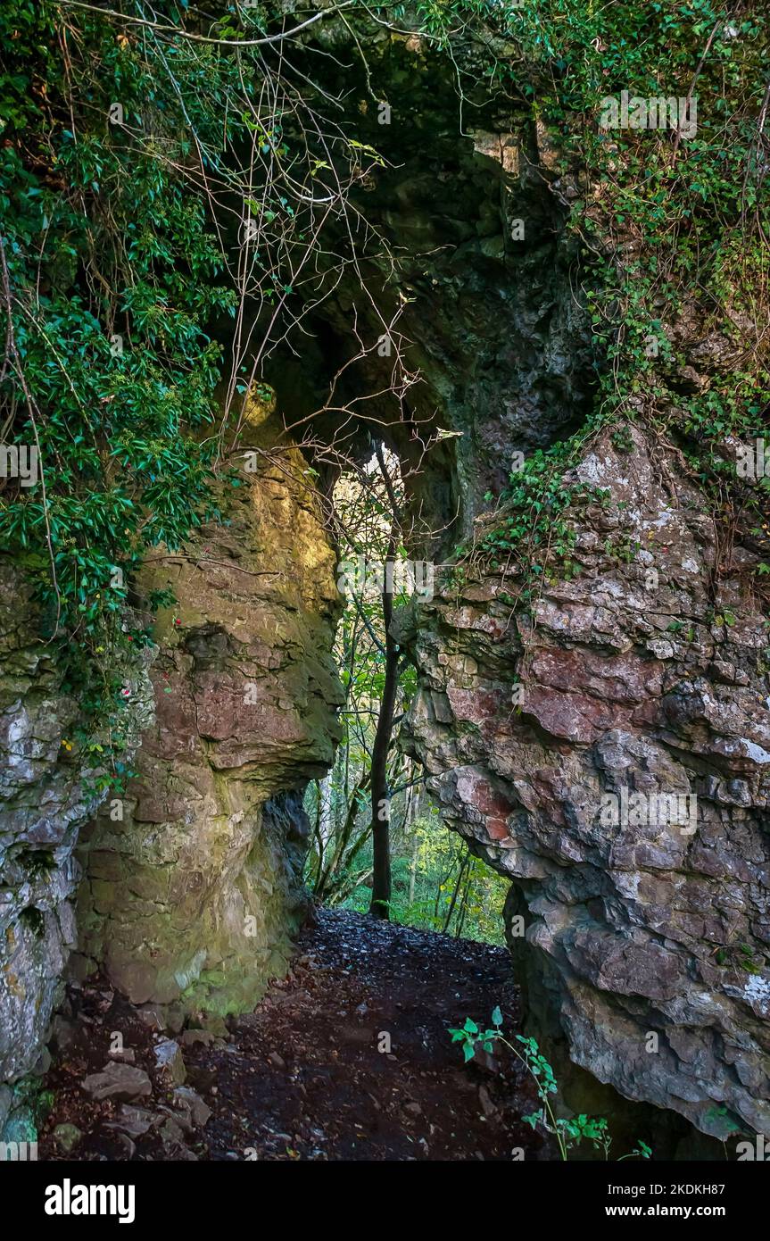 Natural cave passages high in Cucklet Church, a limestone outcrop in ...