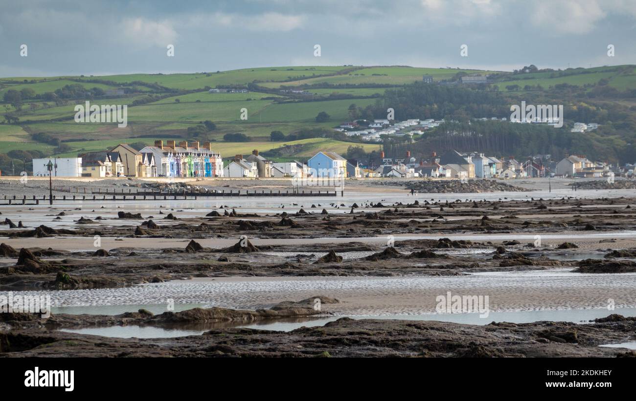 The seaside village of Borth, seen across from the ancient submerged ...