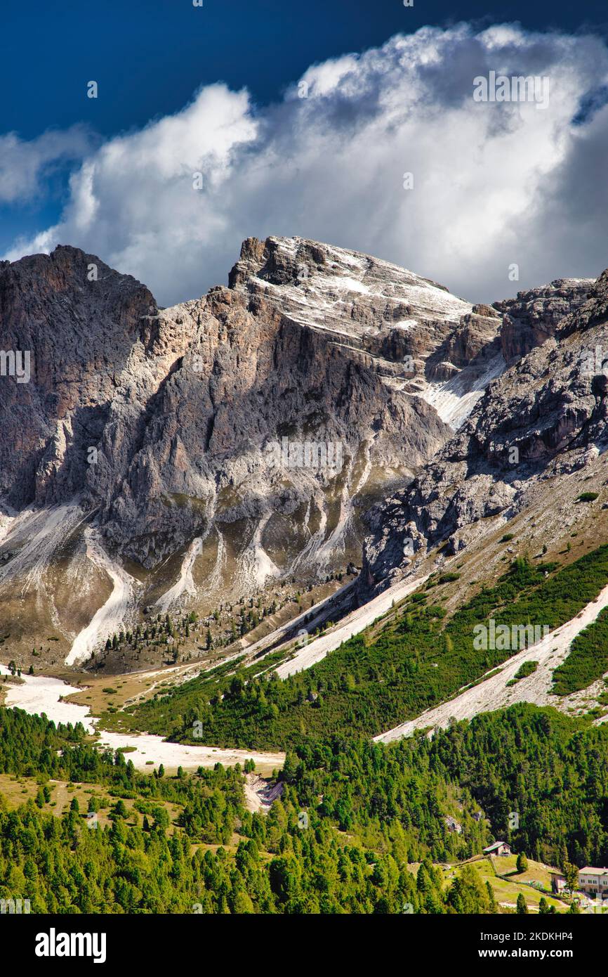 The Sella mountain group rises above Val Gardena in the Dolomites of ...