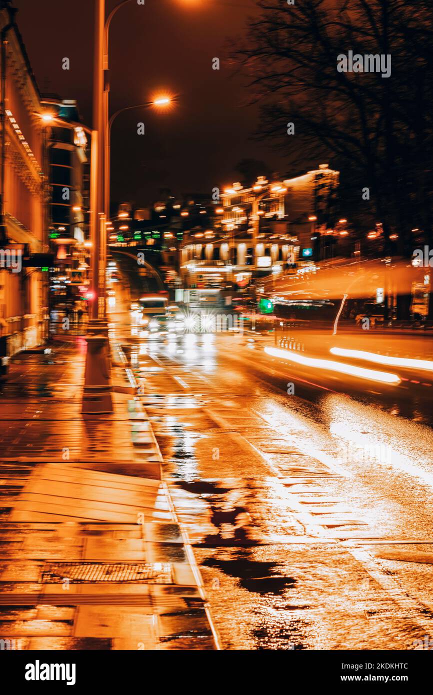 Abstract city at night, blurred auto cars with bright lights, city ...