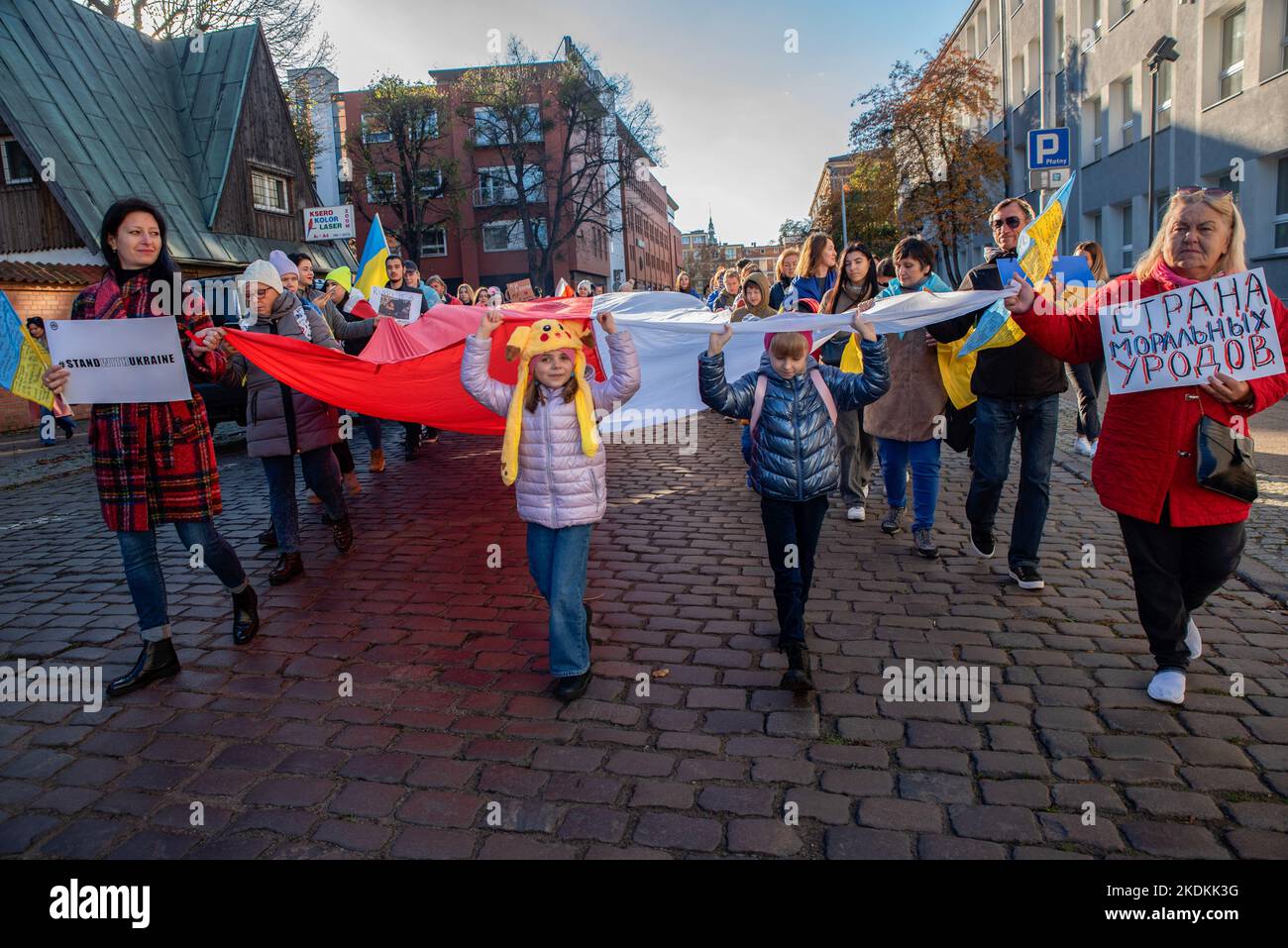 Kids seen holding a huge Polish flag during the march. The march of the ...