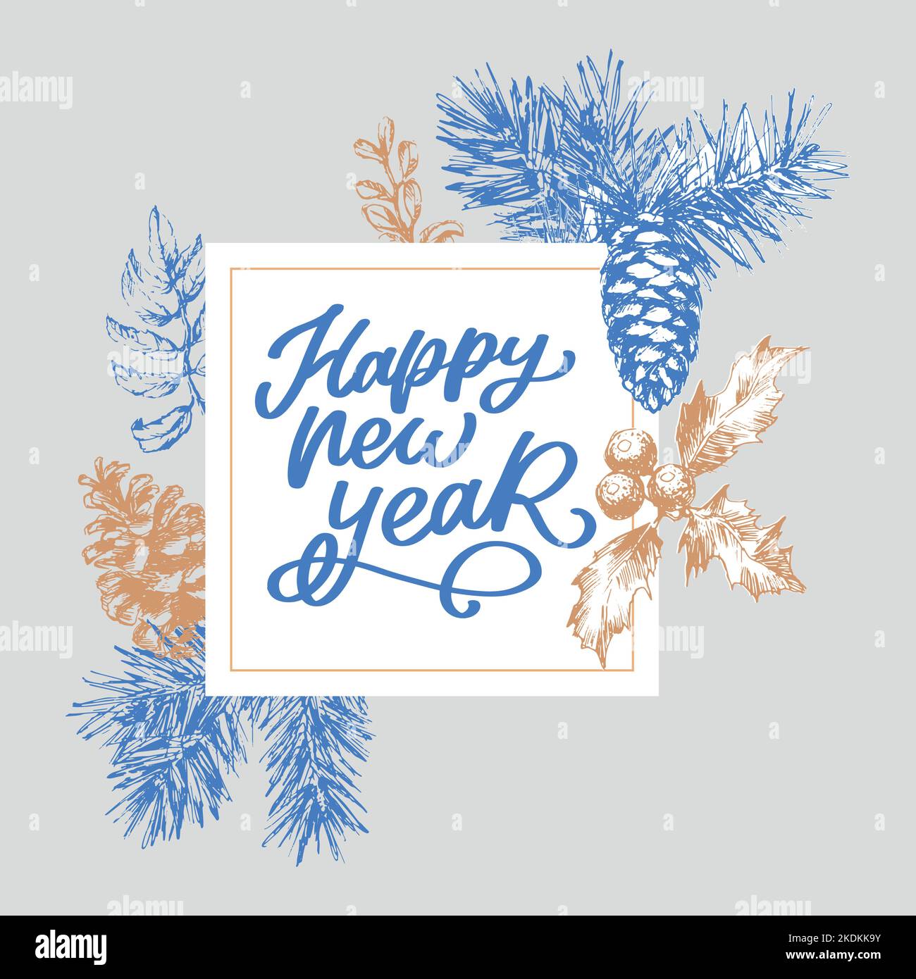 Merry Christmas and Happy New Year Abstract Botanical Card with Square ...