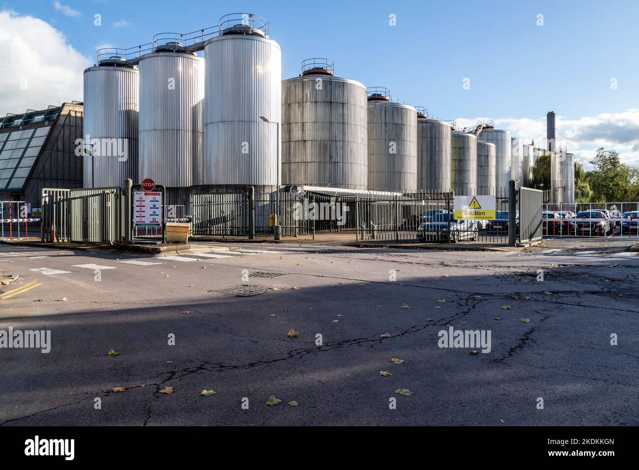 Storage vats at the rear of Carlsberg brewery taken from a public ...