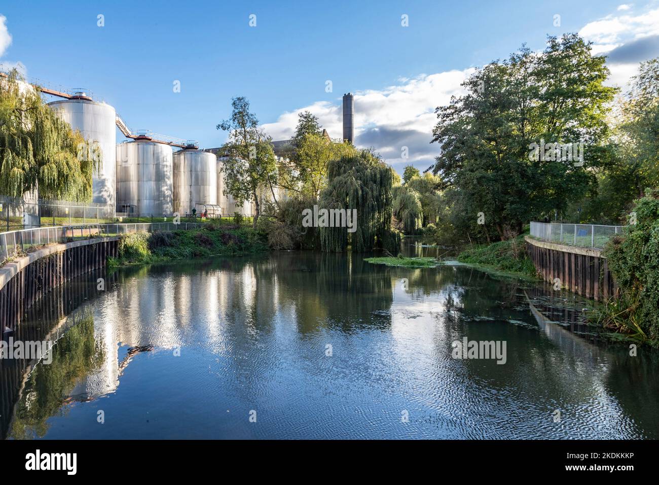 Storage vats at the rear of Carlsberg brewery, Northampton, England, UK ...